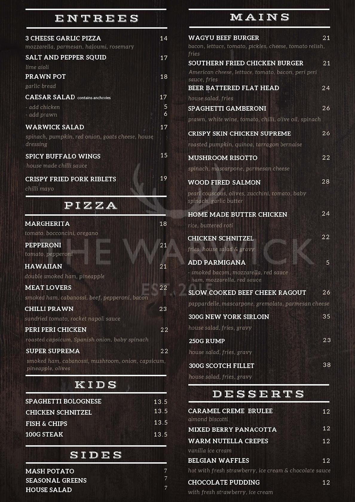 Menu at The Warwick pub & bar, Cabramatta