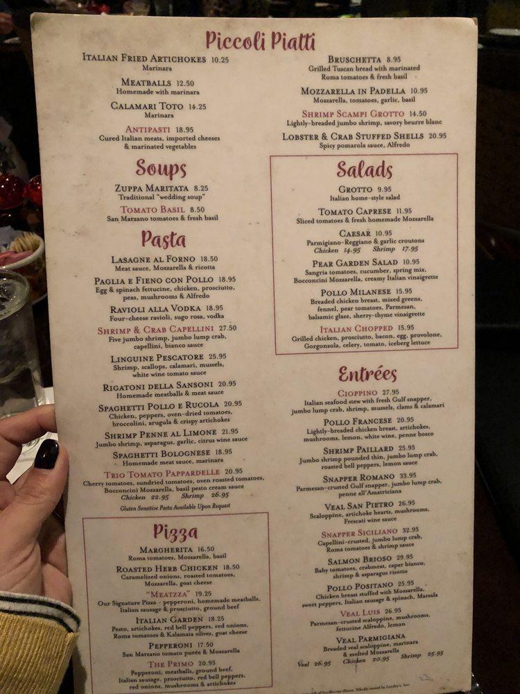 Menu at Grotto Ristorante pizzeria, Galveston