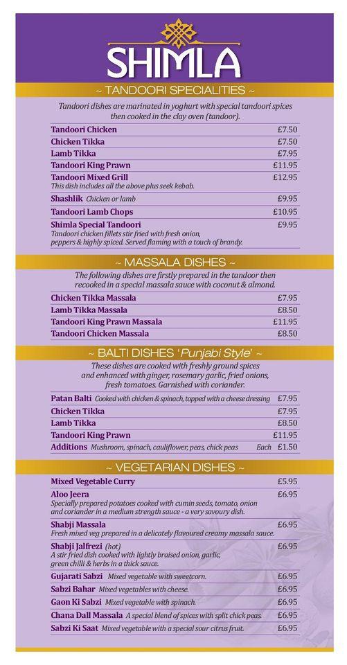Menu at Shimla Indian Cuisine restaurant, Holmfirth