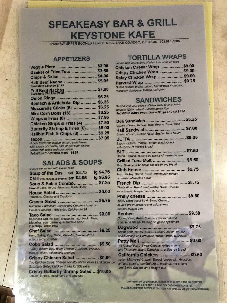 Menu at Speakeasy Bar & Grill, Lake Oswego, SW Upper Boones Ferry Rd