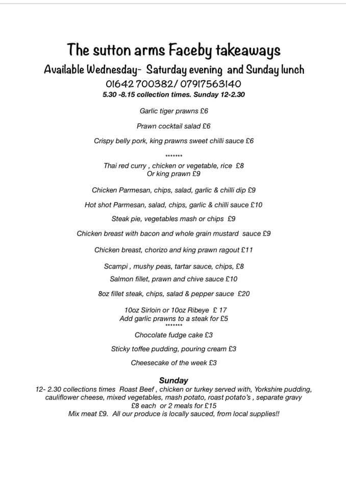Menu at The Sutton Arms Faceby restaurant, Faceby, Mill Lane