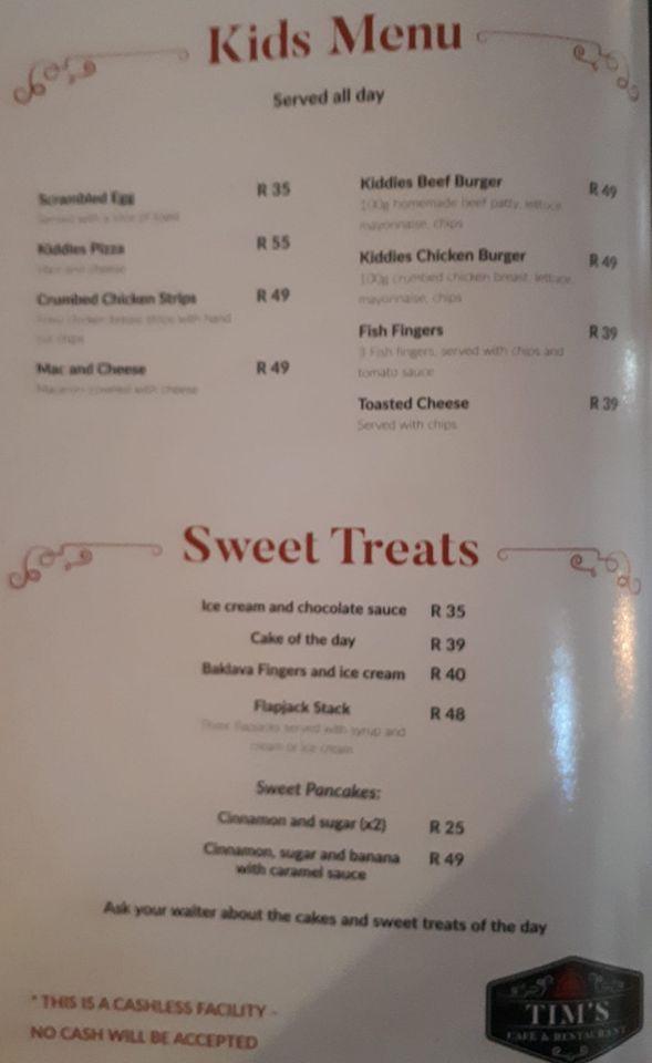 Menu at Tim’s Cafe, Benoni