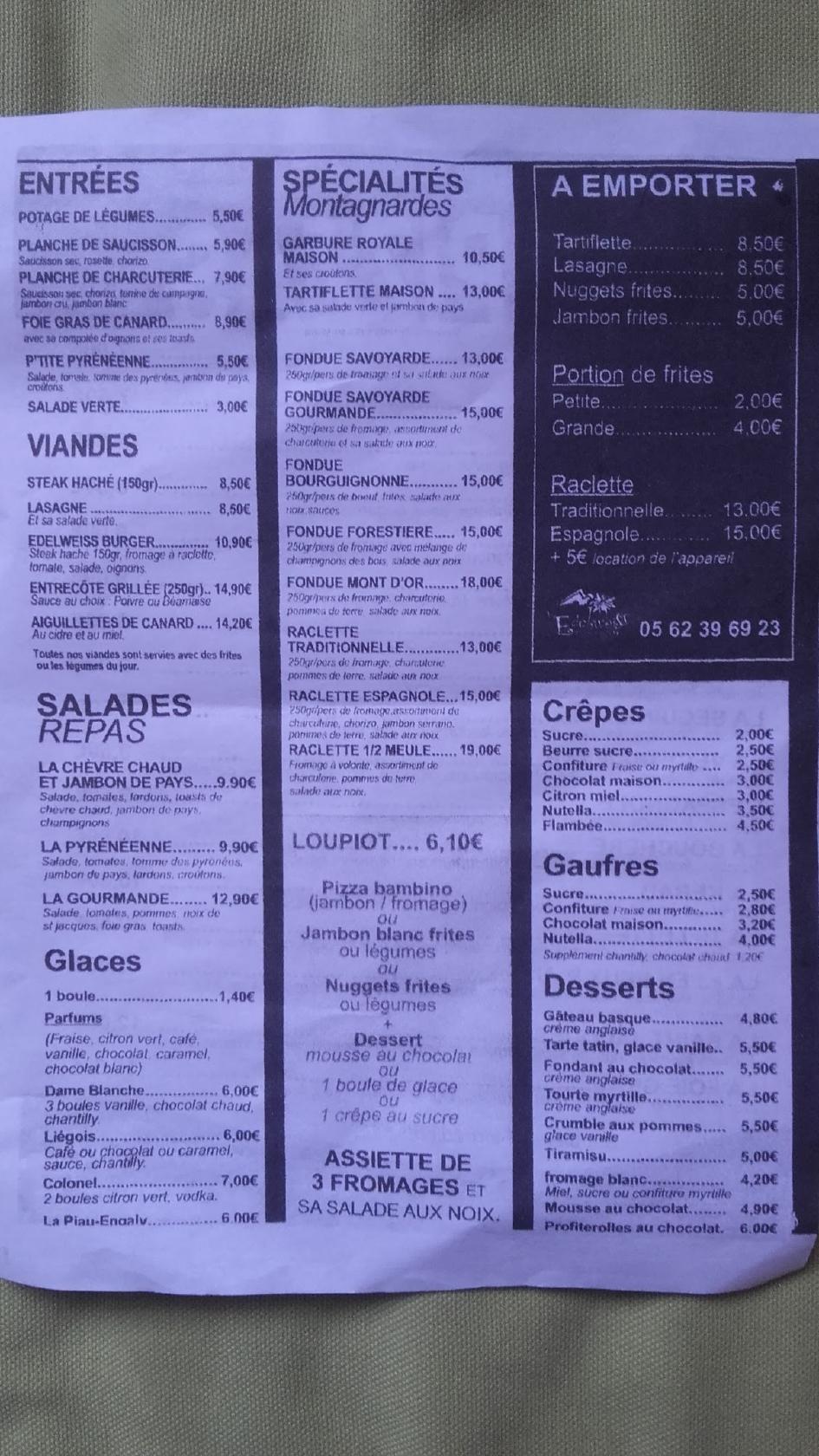 Menu at L'Edelweiss restaurant, Aragnouet