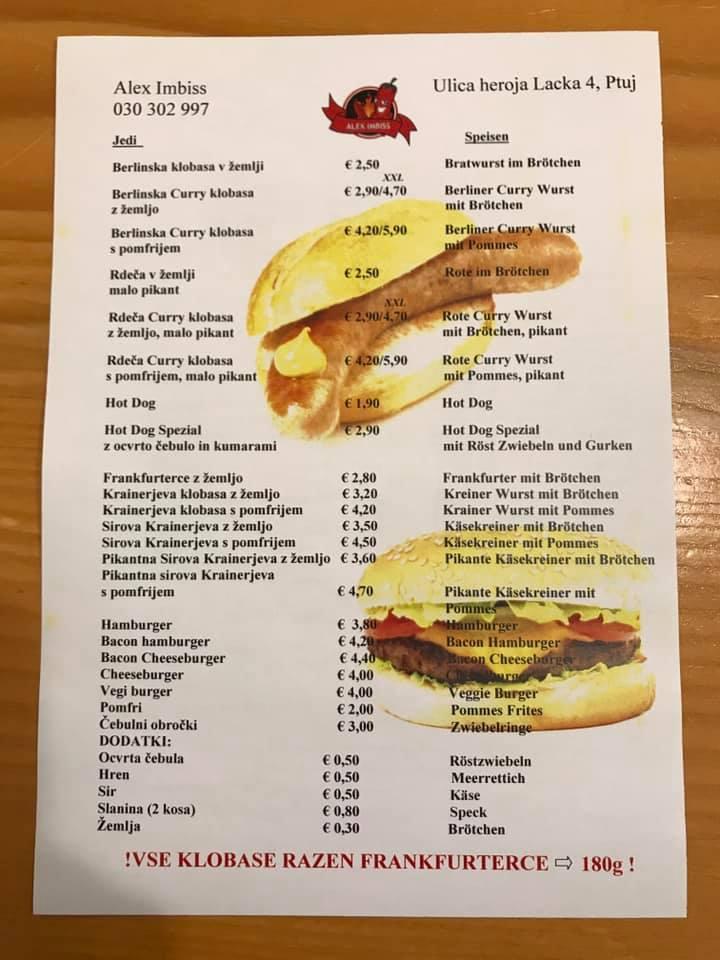 Menu at Alex Imbiss restaurant, Ptuj