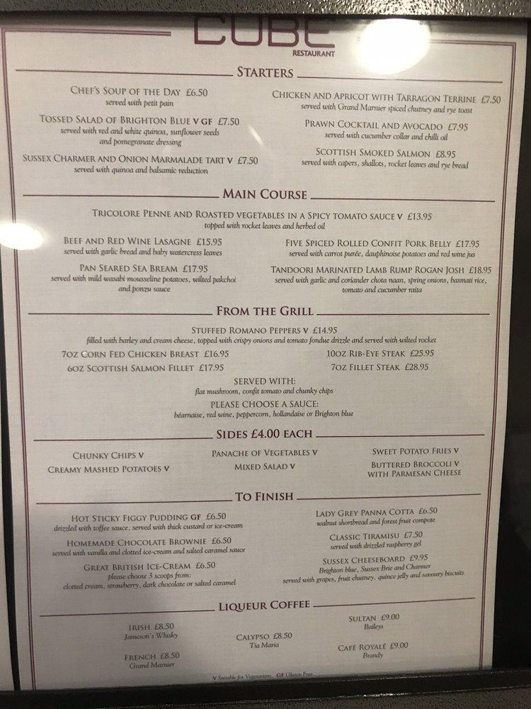 Menu at Cube Restaurant, Crawley
