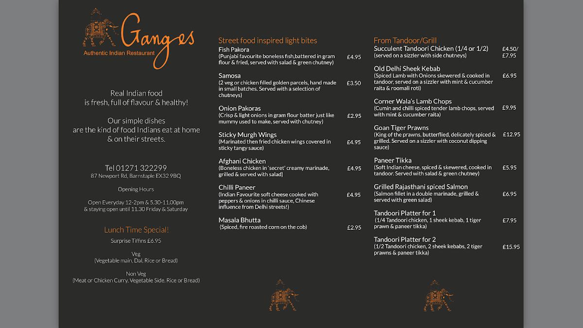 Menu at The Ganges restaurant, Barnstaple