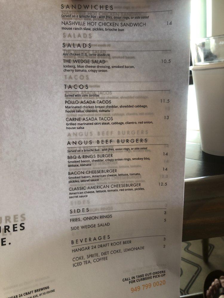 Menu at Hangar 24 Orange County restaurant, Irvine