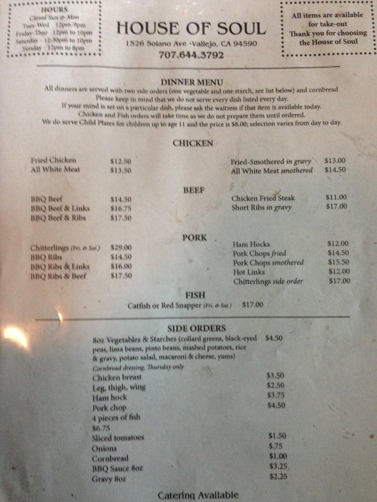 Menu at House of Soul restaurant, Vallejo, Solano Ave