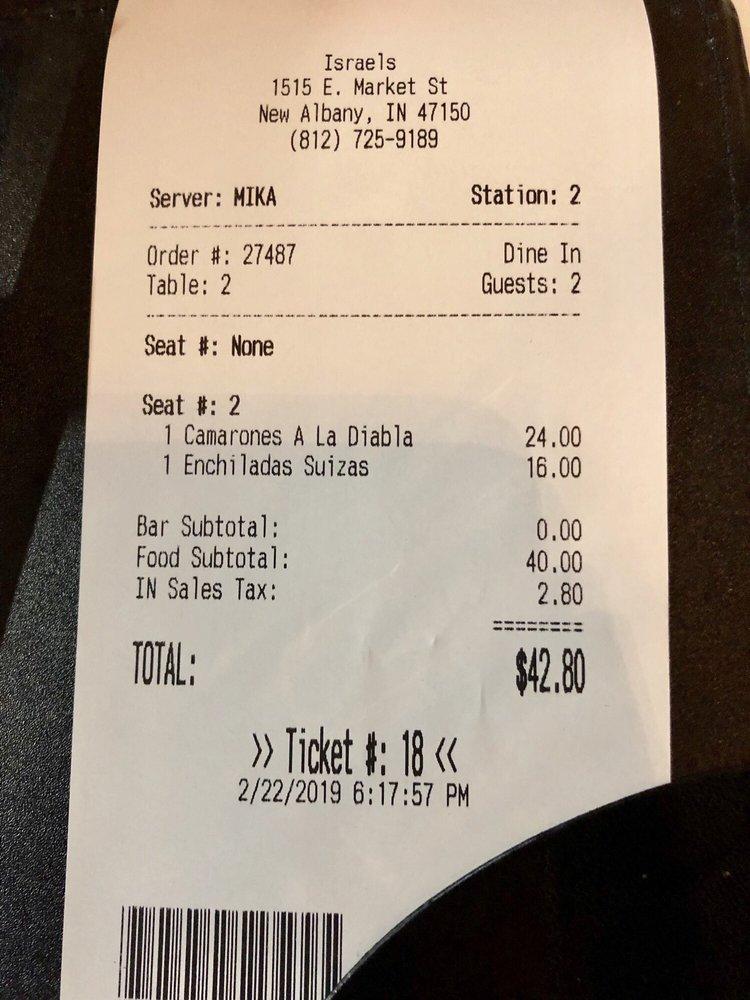 Menu at Israel’s Delicias De Mexico Gourmet restaurant, New Albany