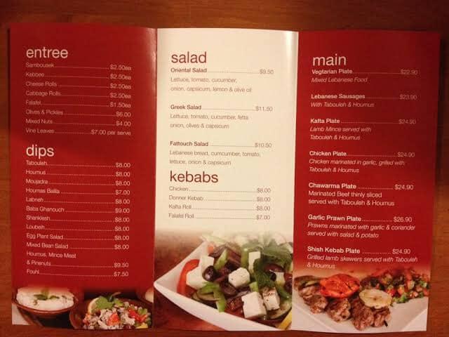 Menu at Maalouf's Restaurant, Bathurst