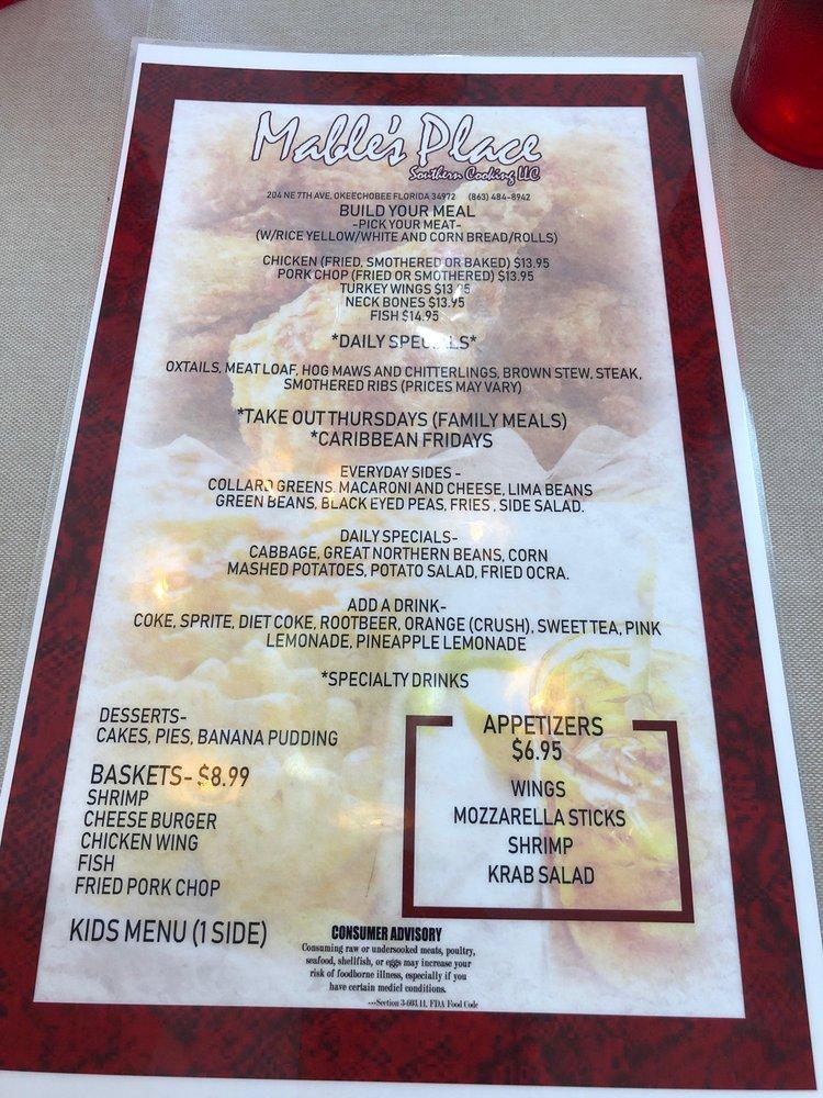 Menu at Mable’s Place Southern Cooking restaurant, Okeechobee