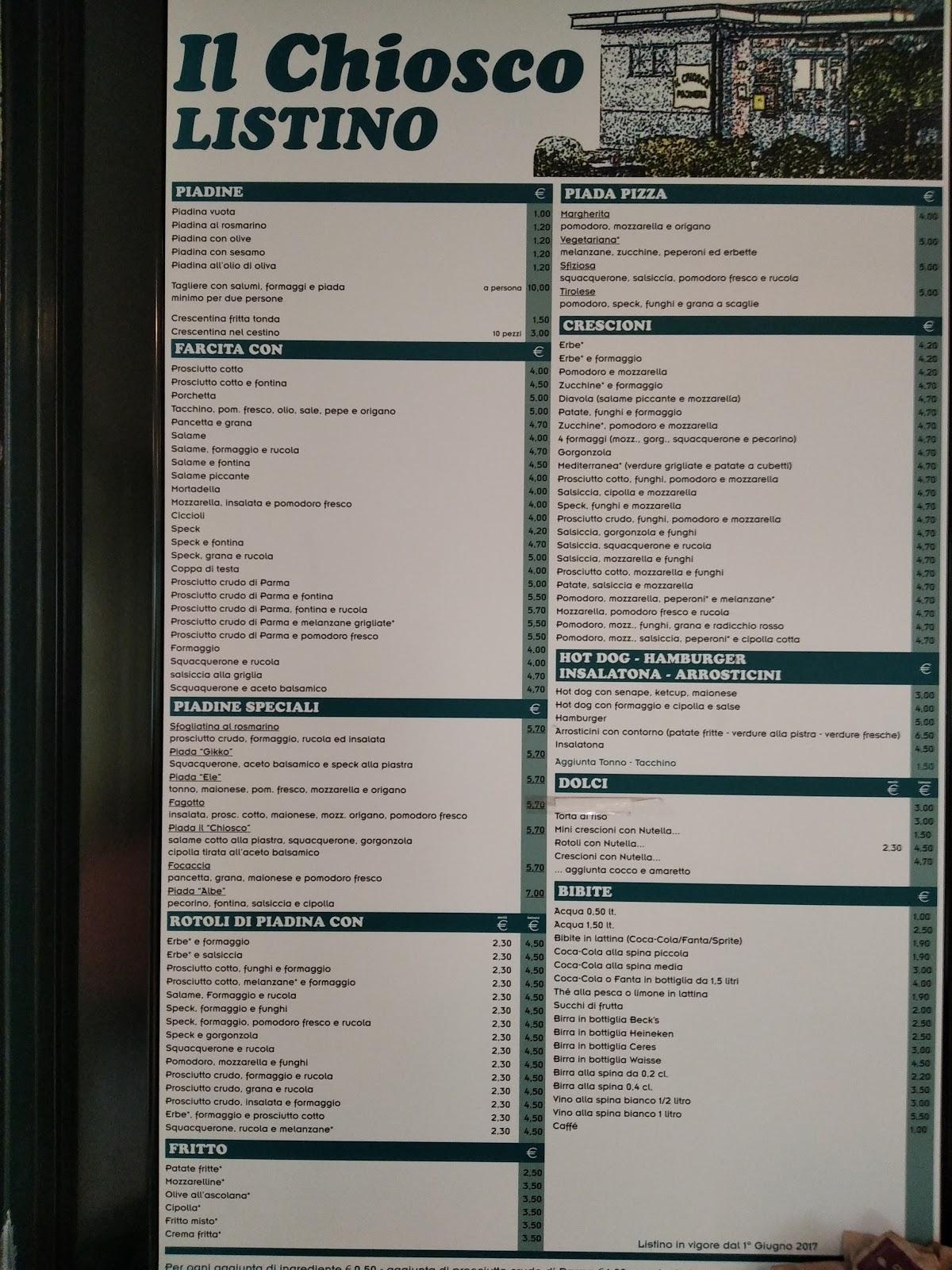 Menu da Piadineria Il Chiosco ristorante, Medicina