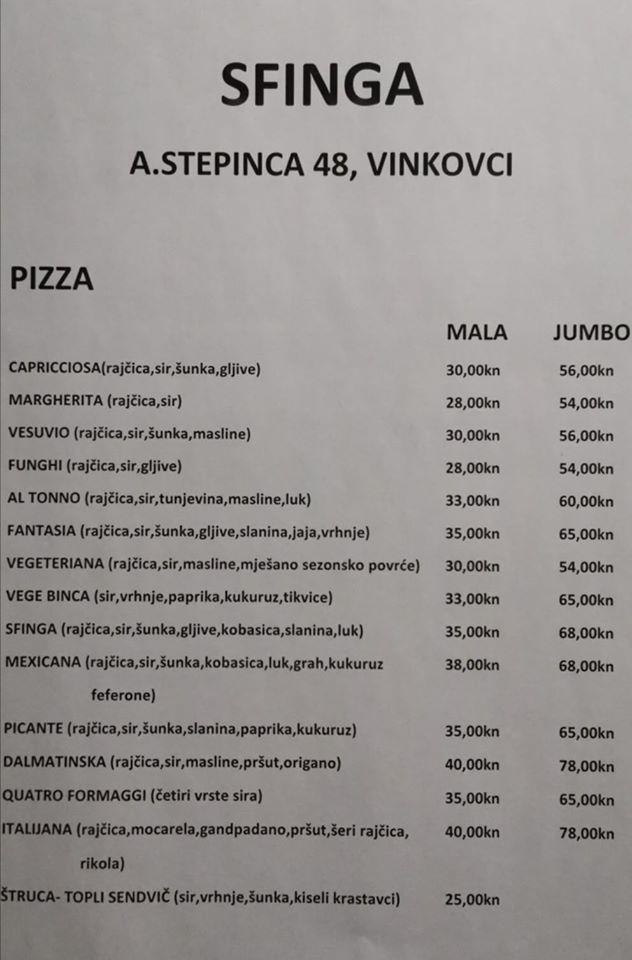 Menu at Pizzeria Sfinga, Vinkovci