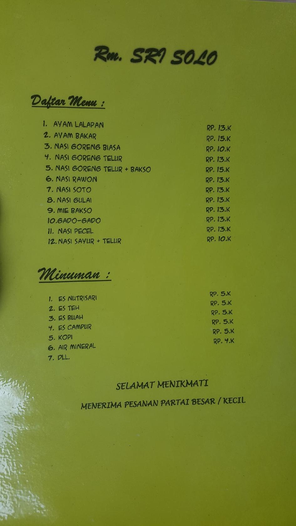 Carta del restaurante Rm Sri Solo, Gorontalo