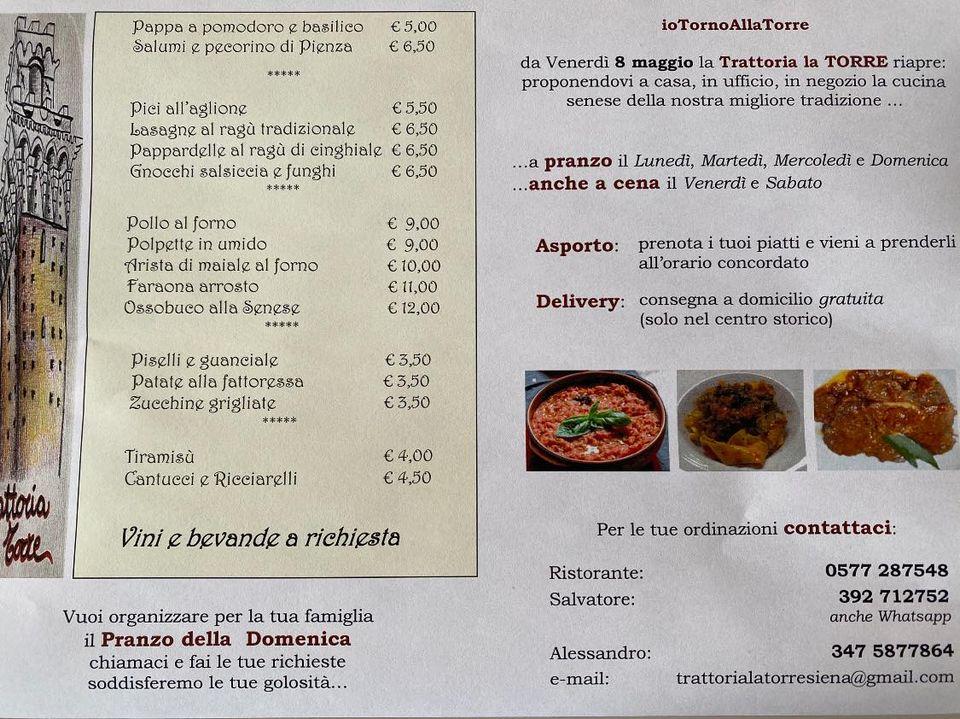 Menu at Trattoria la Torre restaurant, Siena