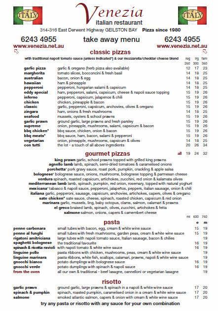 Menu at Venezia Italian Restaurant, Geilston Bay