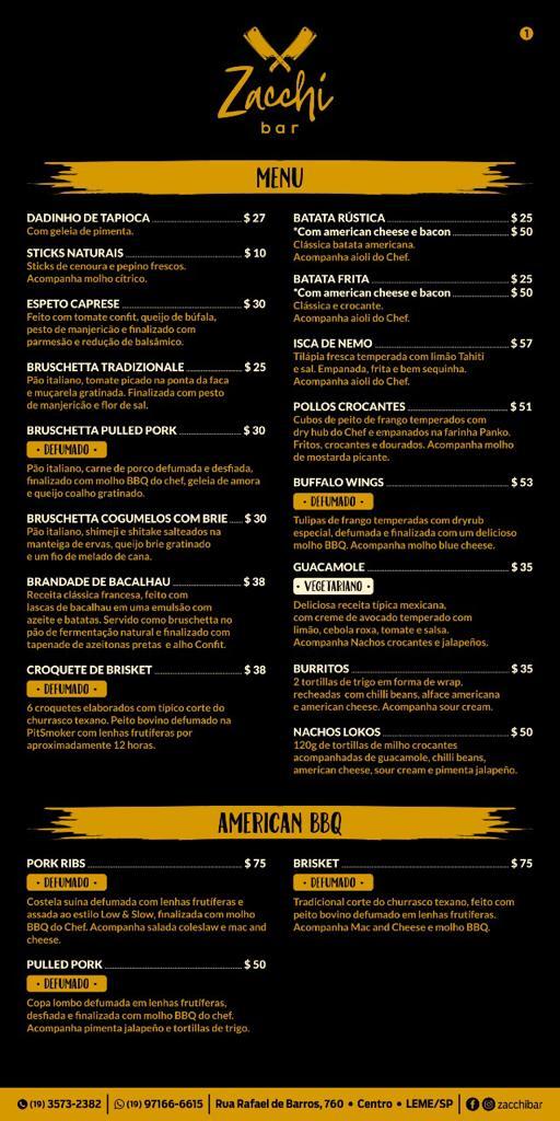 Menu at Zacchi restaurant, Leme