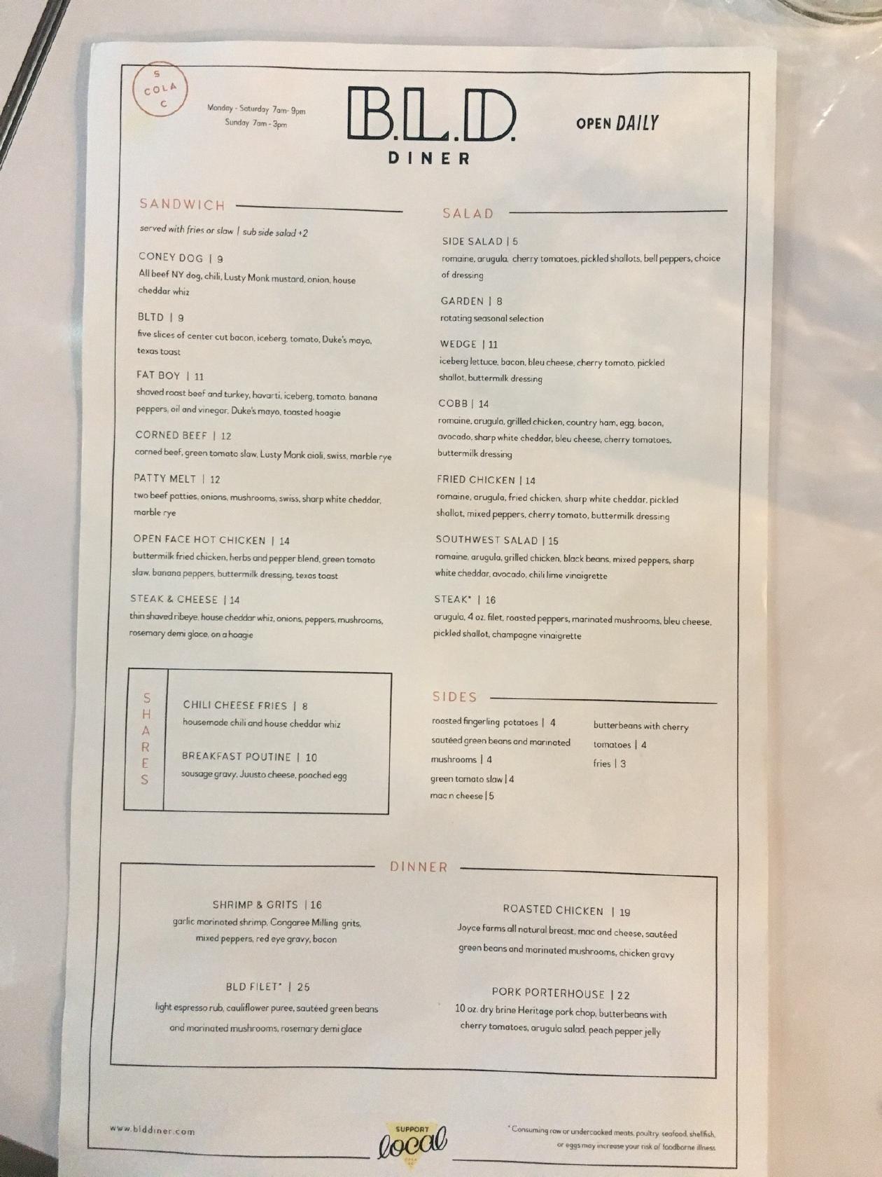 Menu at BLD Diner restaurant, Columbia