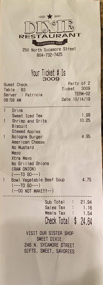 Menu at Dixie Restaurant, Petersburg