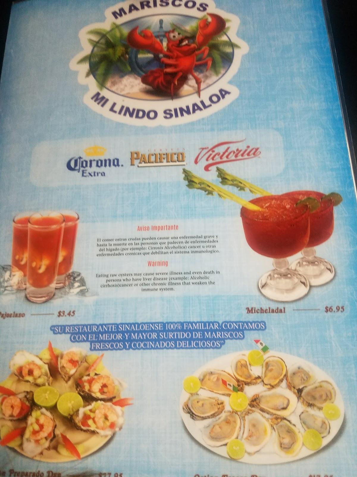 Menu at Mariscos Mi Lindo Sinaloa restaurant, Rialto