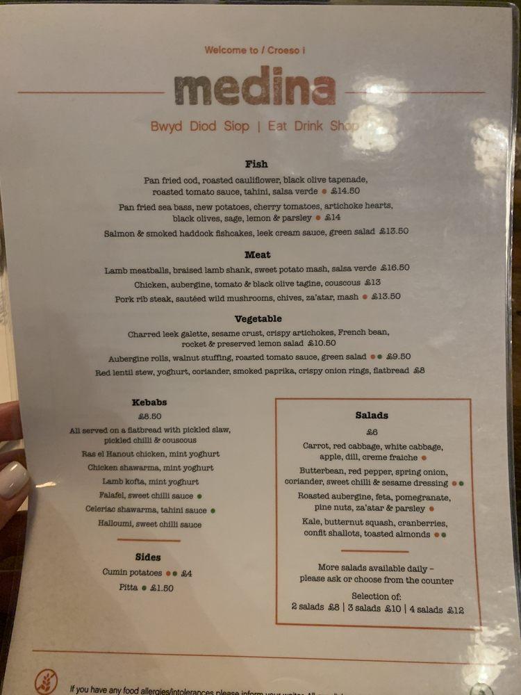 Menu at Medina restaurant, Aberystwyth