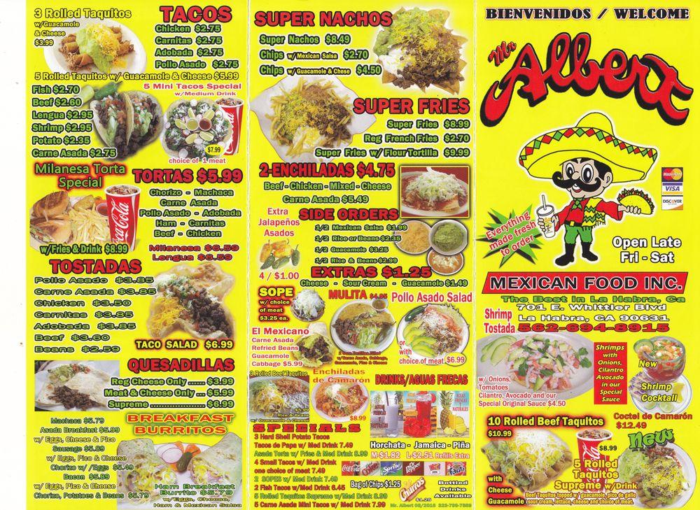 Carta del restaurante Mr.Albert Mexican Food, La Habra