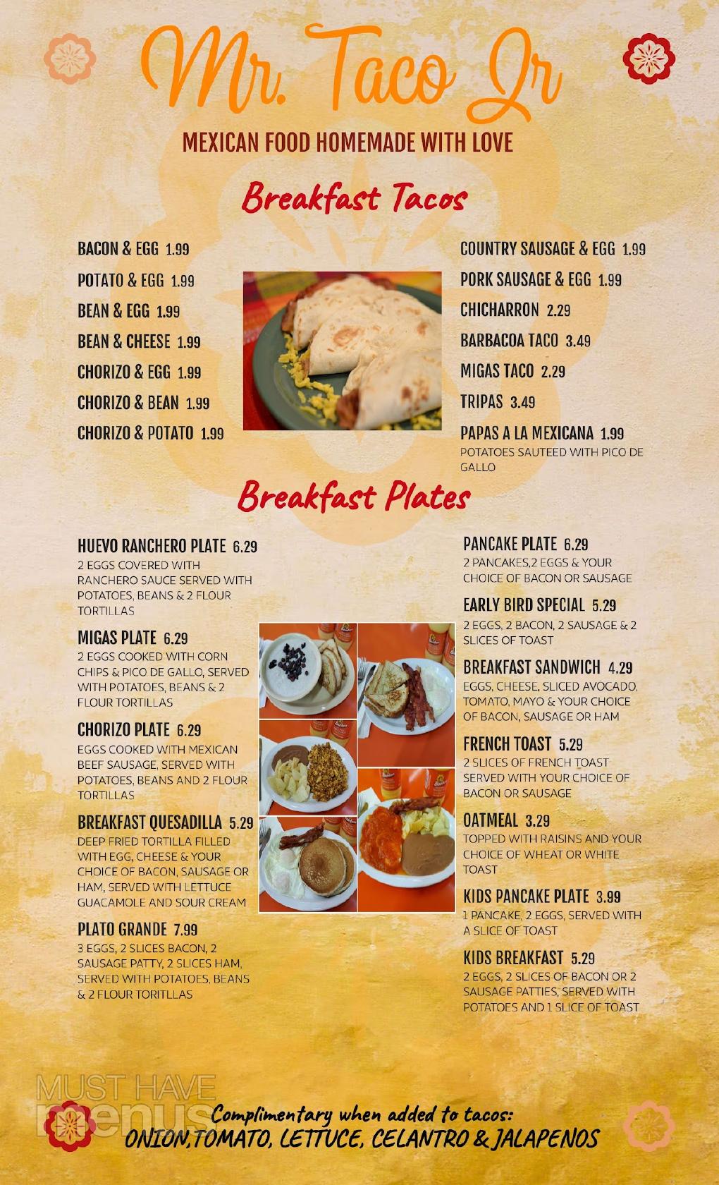Menu at Mr. Taco Jr. restaurant, Whitehouse