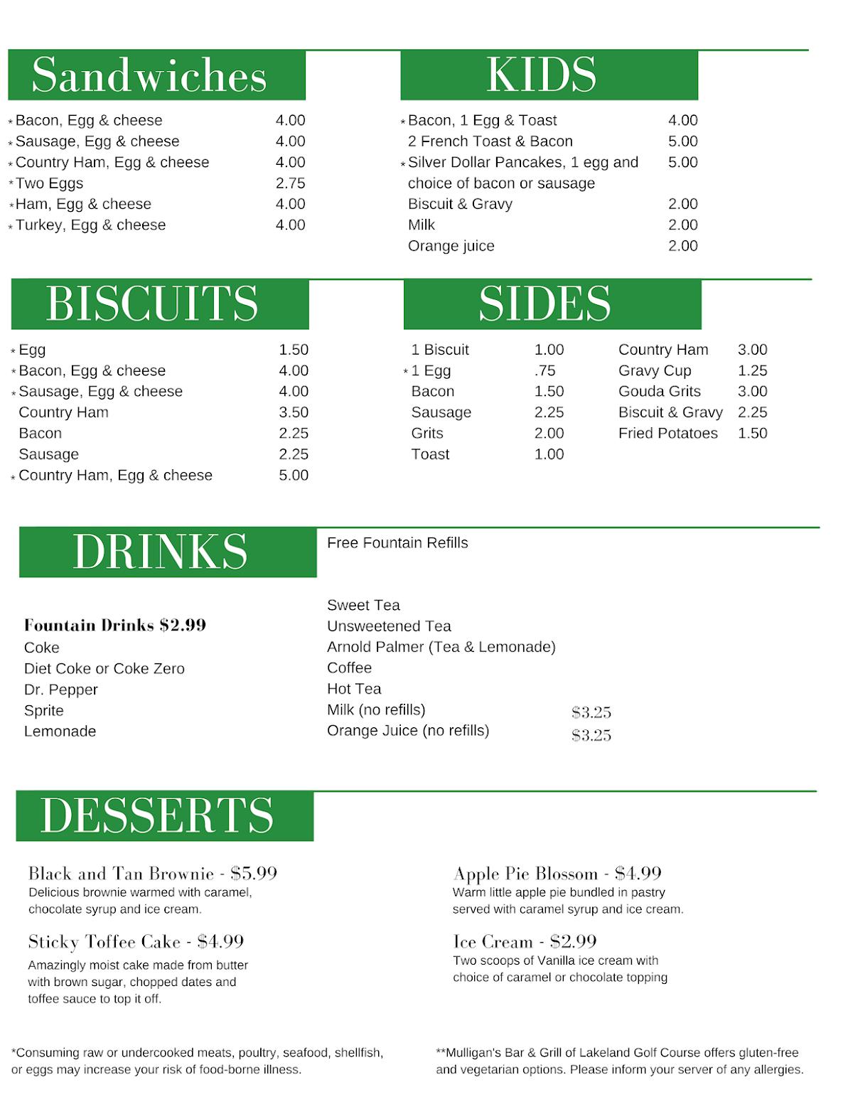Menu at Mulligan's Bar and Grill, Baneberry