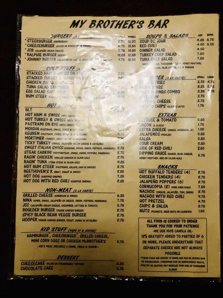 Menu at My Brother's Bar, Denver