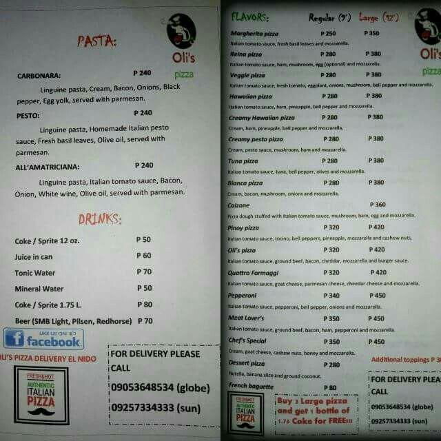Menu at Oli's Pizza Delivery El Nido restaurant, El Nido