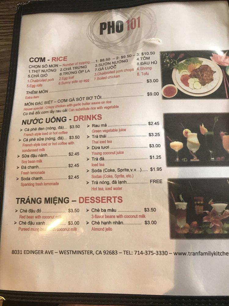 Menu at Pho 101 restaurant, Westminster, Edinger Ave