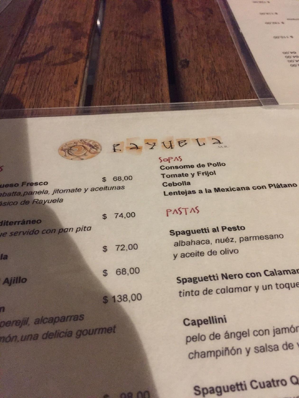 Menu at Rayuela restaurant, Mexico City, Plaza de la Constitución 107