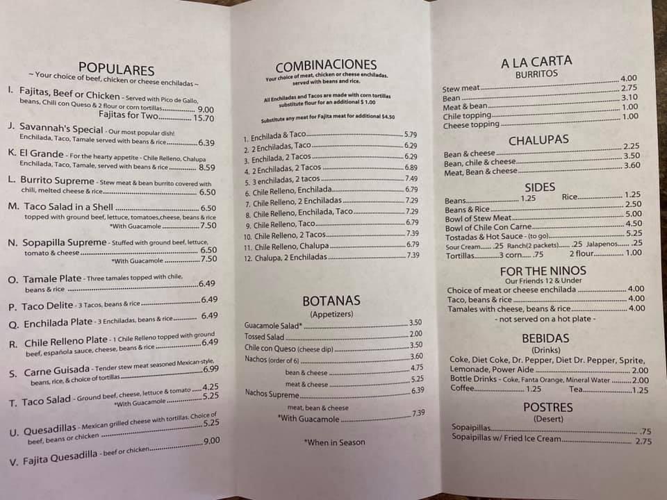 Menu at Savannah's Restaurant, Levelland