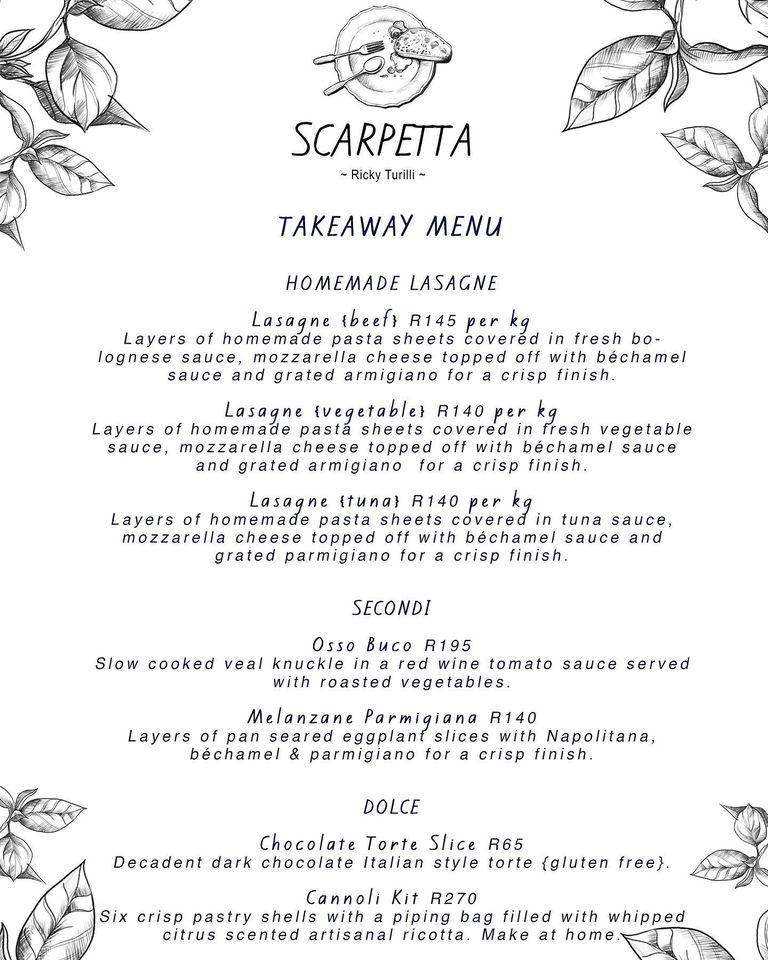 Menu at Scarpetta restaurant, Cape Town