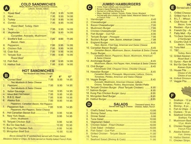 Menu at Scottie's Sub Shop fast food, Anchorage