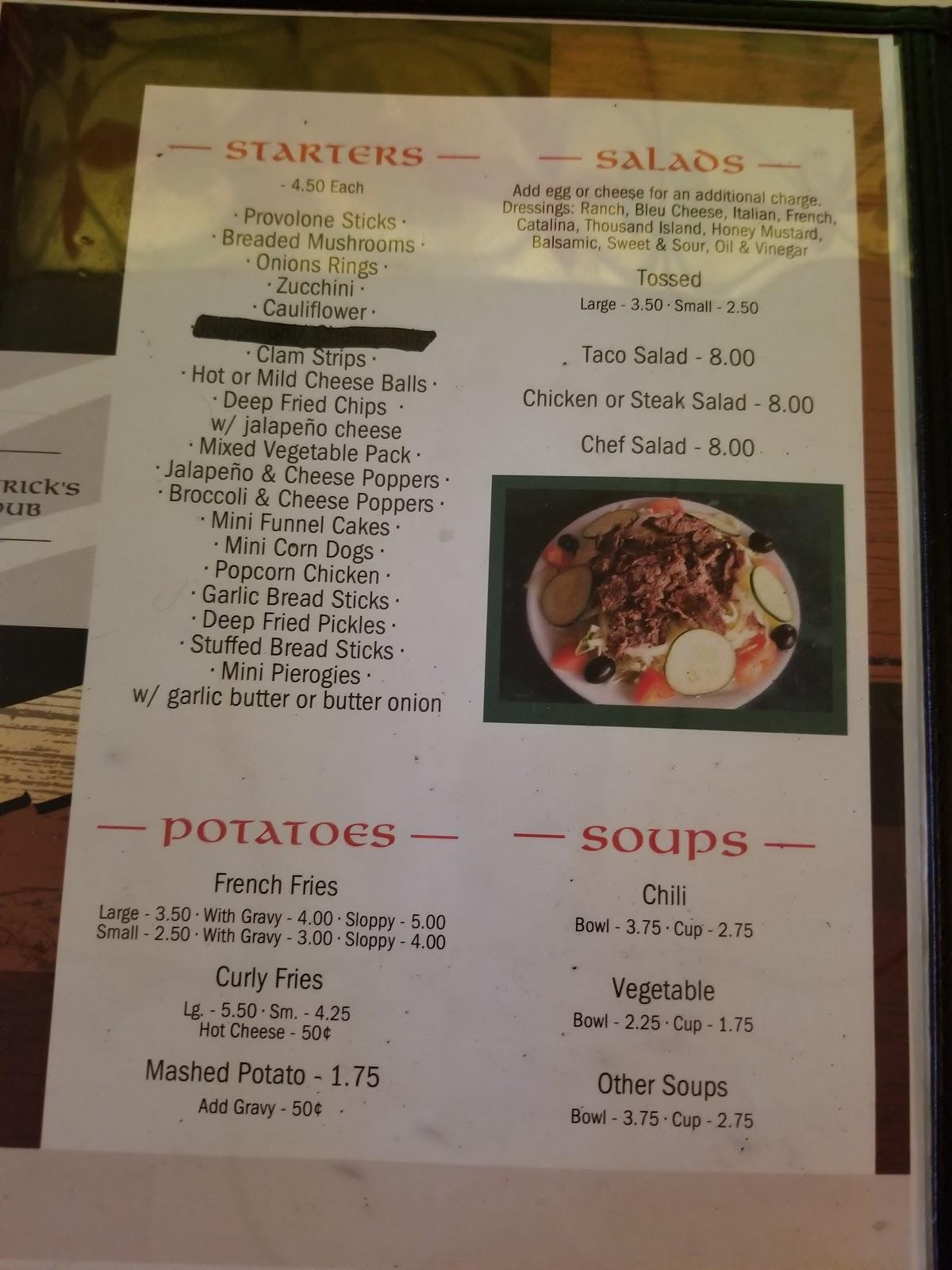 Menu at Patrick's Pub, Apollo, 205 1st St