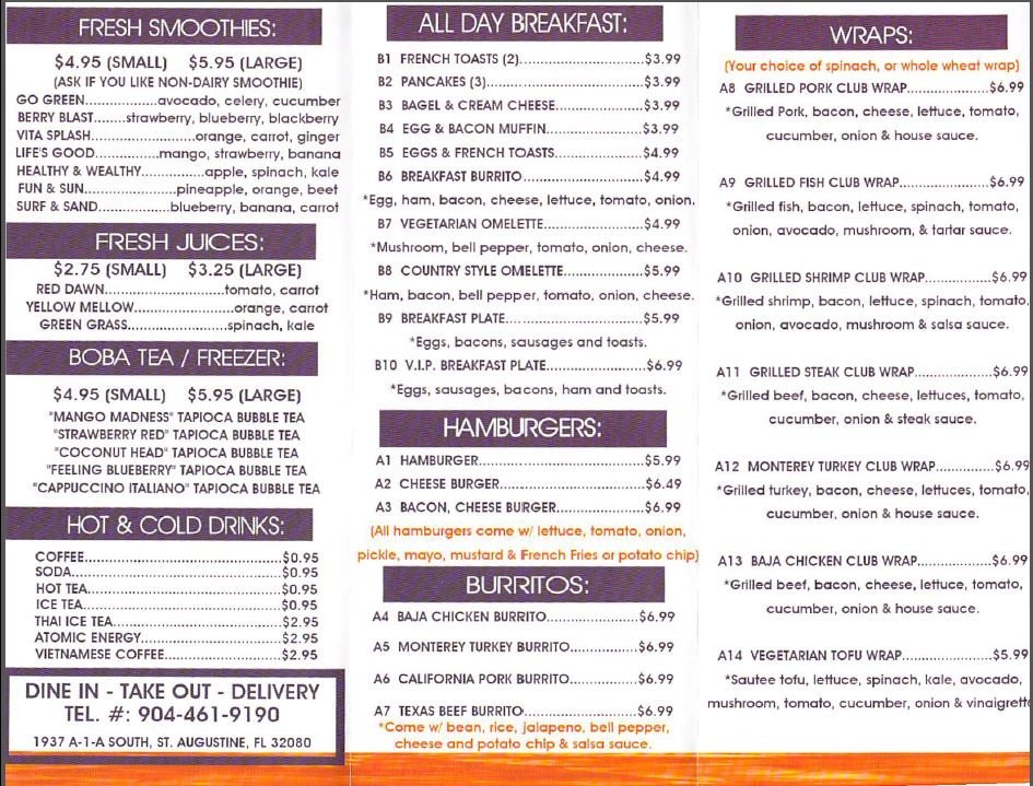 Carta de VIP Juice Bar, San Agustín, -1923 Highway 312