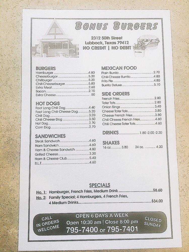 Menu at Bonus Burger restaurant, Lubbock