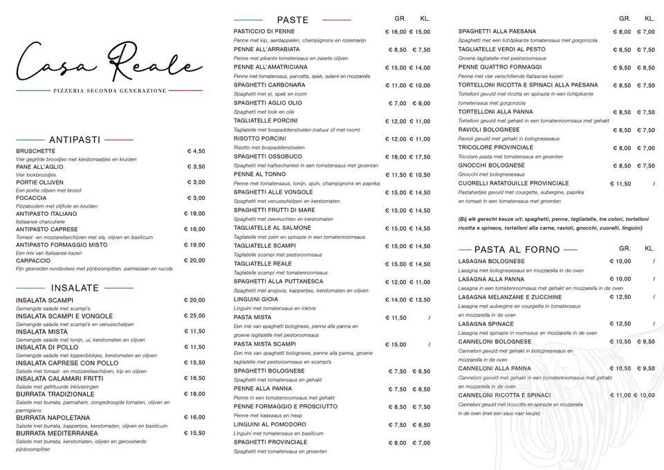 Menu at Casa Reale, Paal