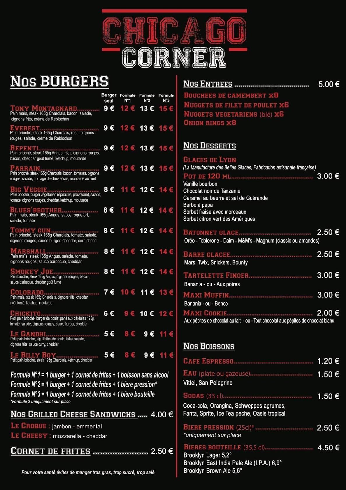 Menu au Chicago Corner restaurant, Fontenay-le-Comte
