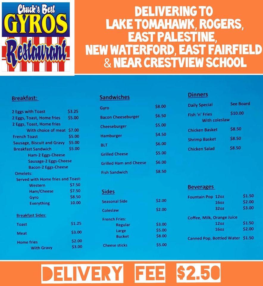 Menu at Chuck's Best Gyros Restaurant, Rogers