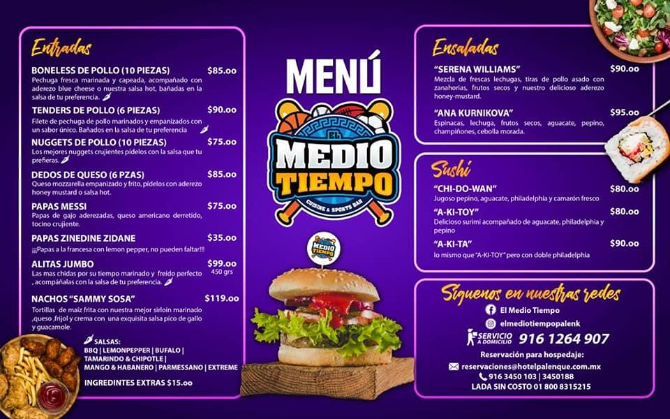 Menu at El Medio Tiempo restaurant, Palenque