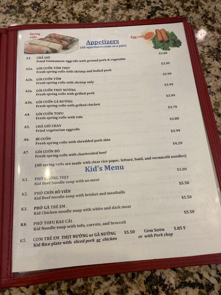 Menu at Pho Dan restaurant, Austin