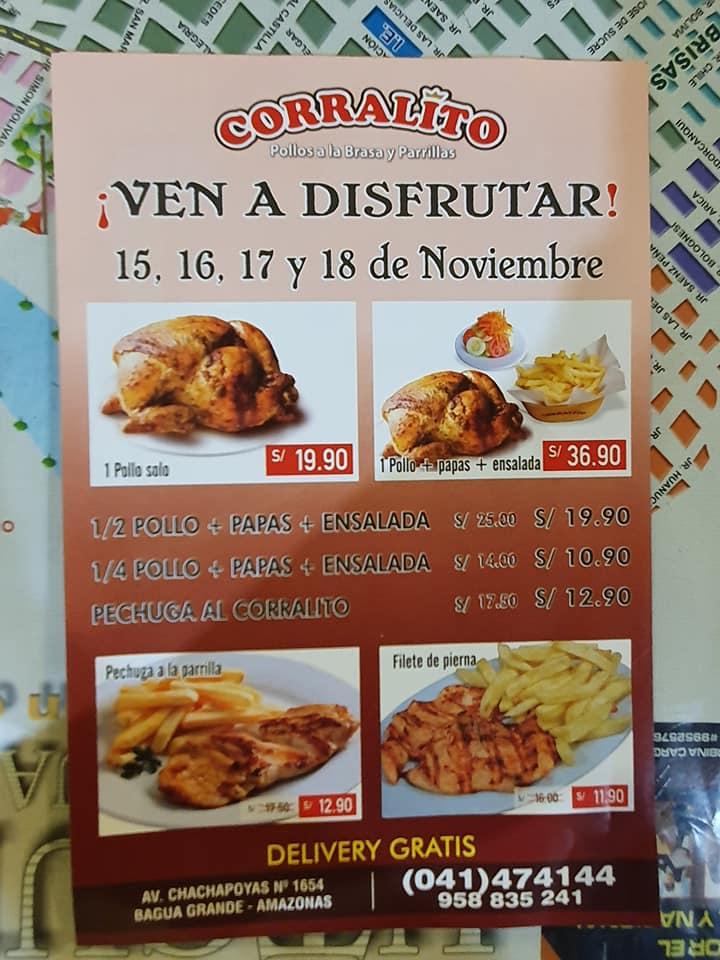 Carta del restaurante Corralito, Bagua Grande