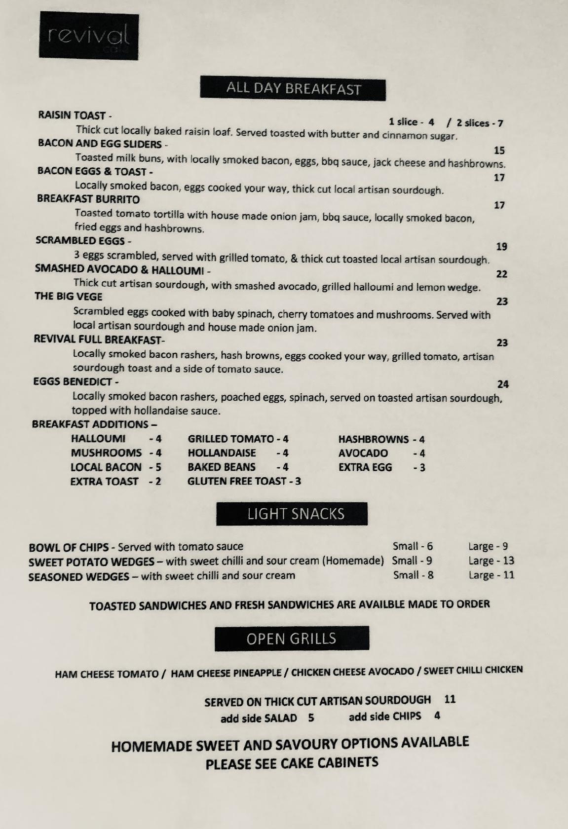 Menu at Revival Café Boonah cafe, Boonah