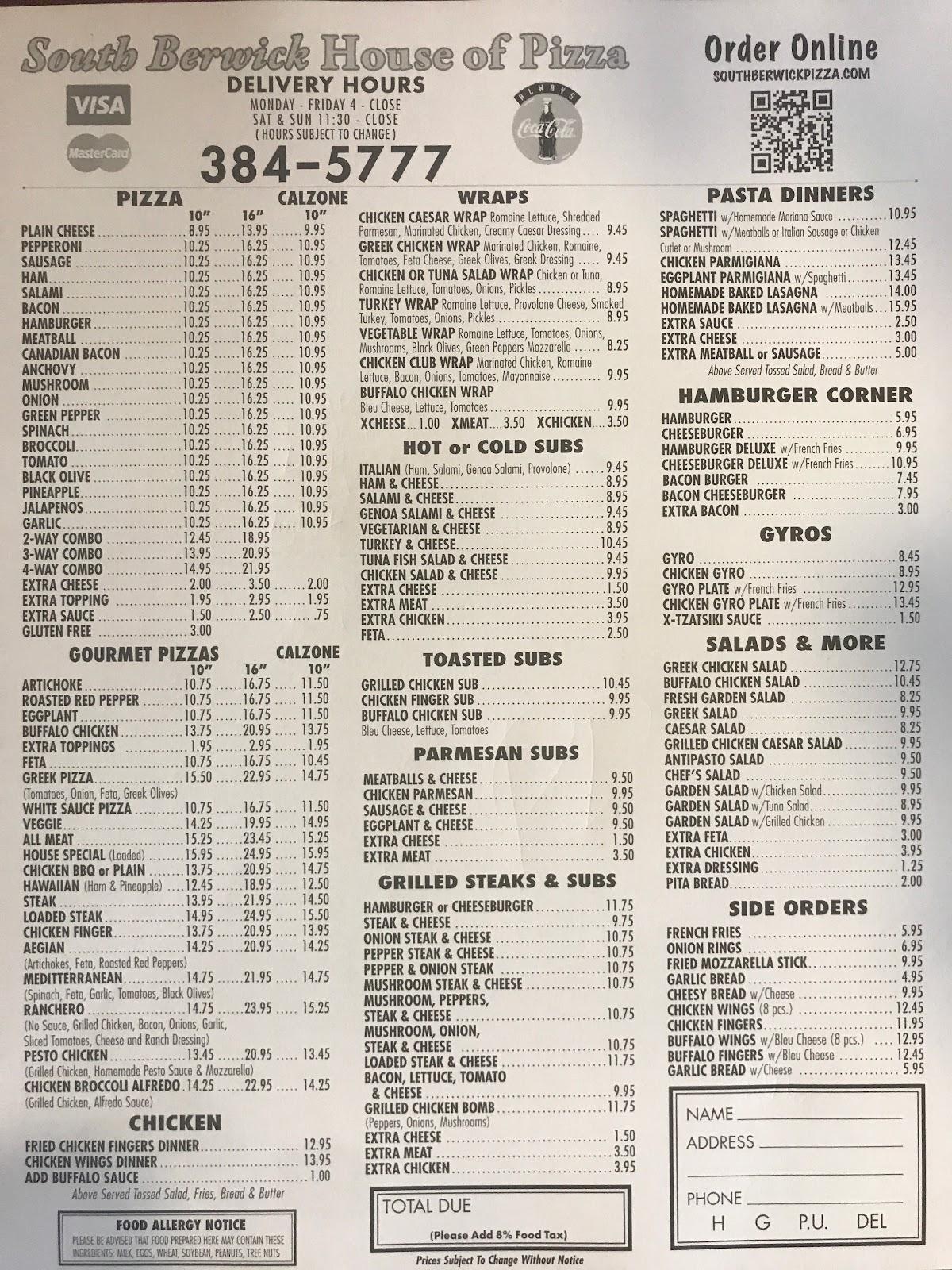 Menu at South Berwick House of Pizza pizzeria, South Berwick