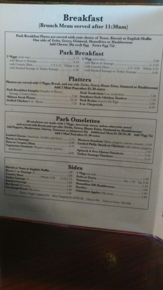Menu at The Park Restaurant, Burlington