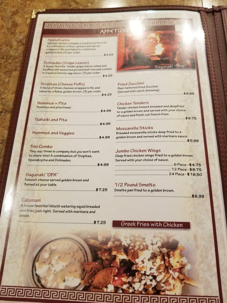Menu at Vasili's Greek Cuisine restaurant, Akron