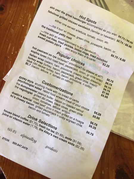 Menu at Alpine Alley restaurant, Mountainair