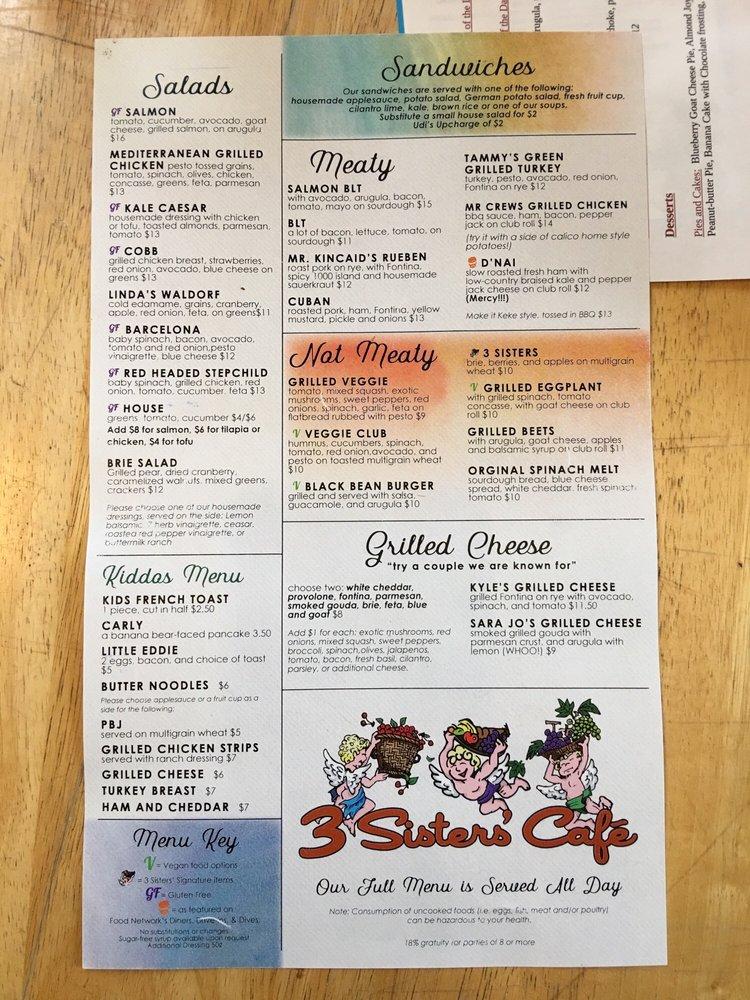 Menu at 3 Sisters Café cafe, Indianapolis